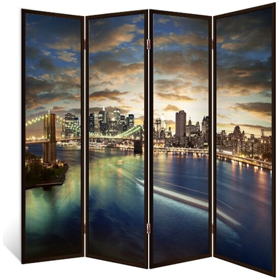 Ширма перегородка Декор Депо для комнаты деревянная "Водный простор" двухсторонняя с картинкой (города) 4 створки венге 176х185 см 14 кг