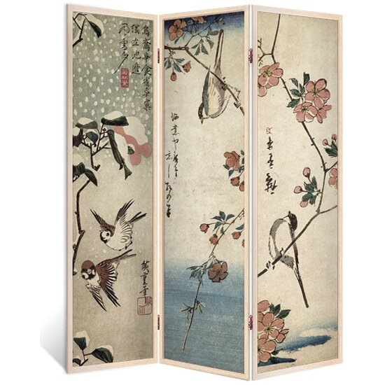 Ширма перегородка Декор Депо для комнаты деревянная "Японские птички" двухсторонняя с картинкой (уют) 3 створки кремовый дуб 176х140 см 11 кг