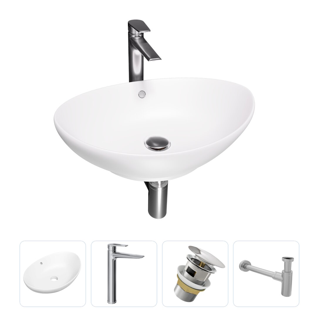 Раковина накладная для ванной Teymi Lori 60 в комплекте смеситель высокий хром донный клапан клик-клак с переливом хром и сифон хром F13133