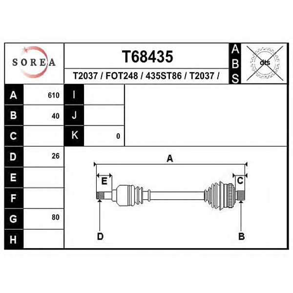 EAI T68435 (1667774) привод левый 606mm 40x26\Ford (Форд) Mondeo (Мондео) 2.0d 07-15