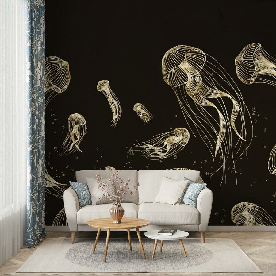 Фотообои Медузы на черном фоне 14-1200-XL-Флок 270 x 500 см (ВхШ) Бесшовные, флизелиновые, влагостойкие обои