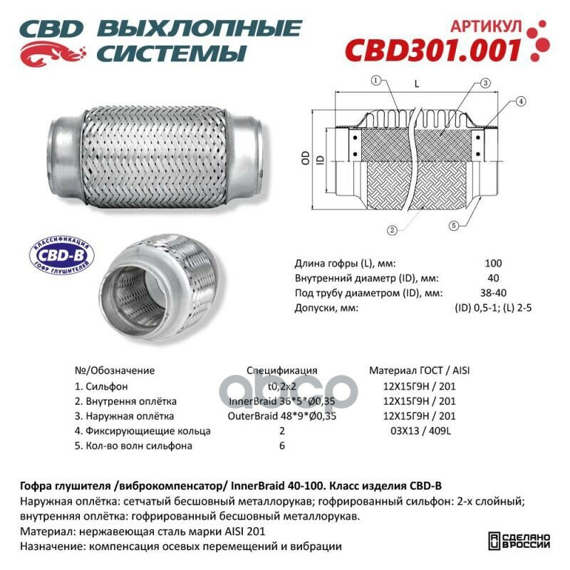 Гофра глушителя 3-сл Innerbraid 40-100 для UNIVERSAL /D=40mm L=100mm CBD CBD301.001 CBD арт. CBD301.001