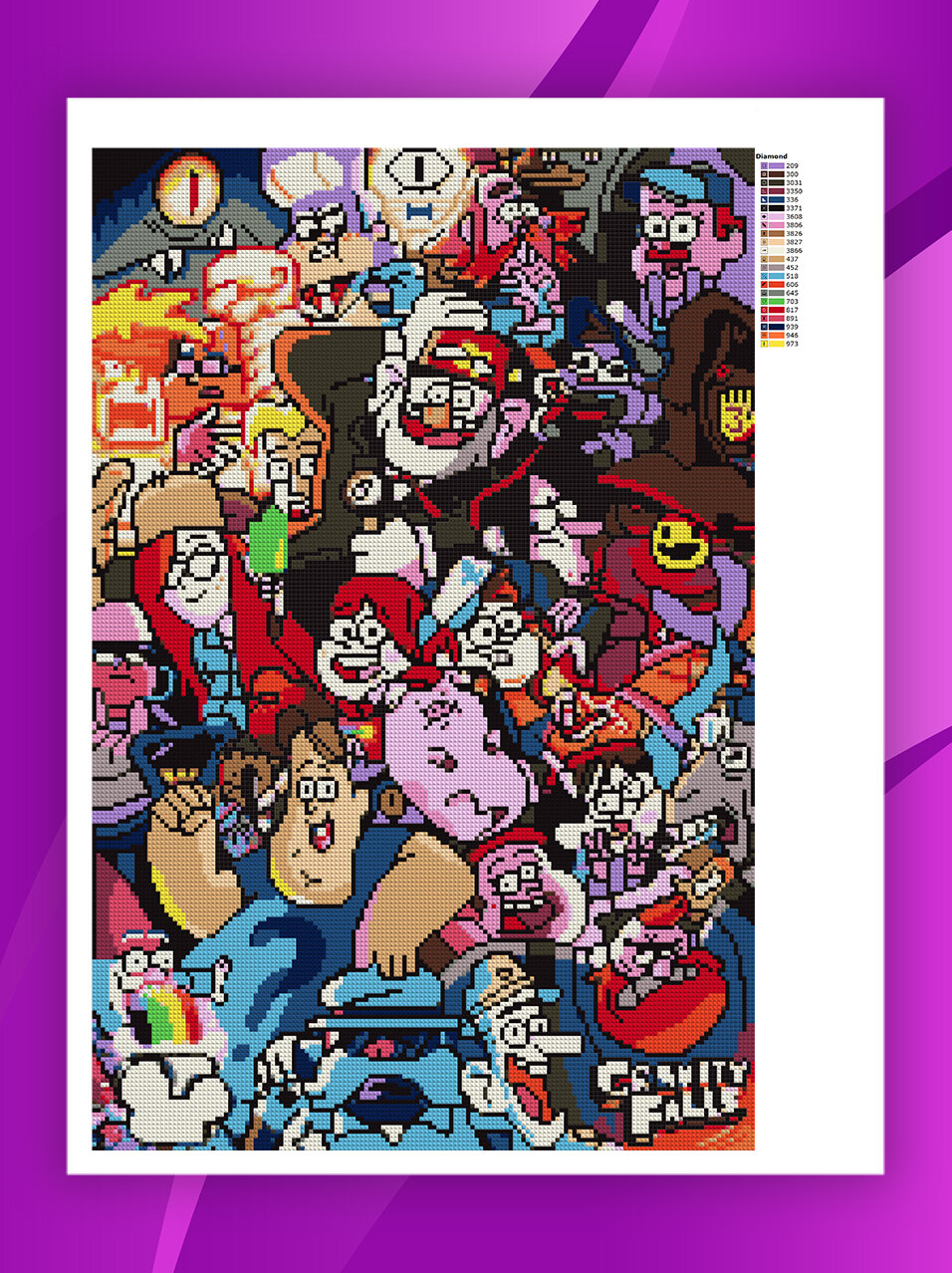 Алмазная мозаика без подрамника - вышивка Гравити Фоллз - Герои 40 х 60 см