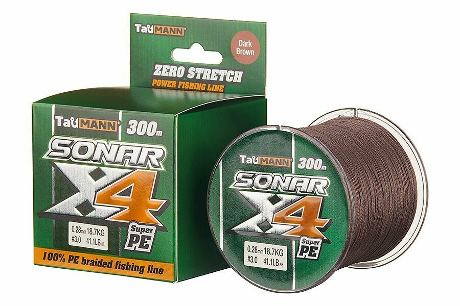 TauMANN Леска плетёная Sonar PE X4 300m #3.0 (0.28mm) Dark Brown