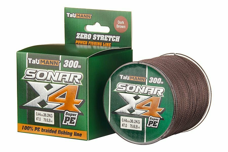 TauMANN Леска плетёная Sonar PE X4 300m #7 (0.44mm) Dark Brown