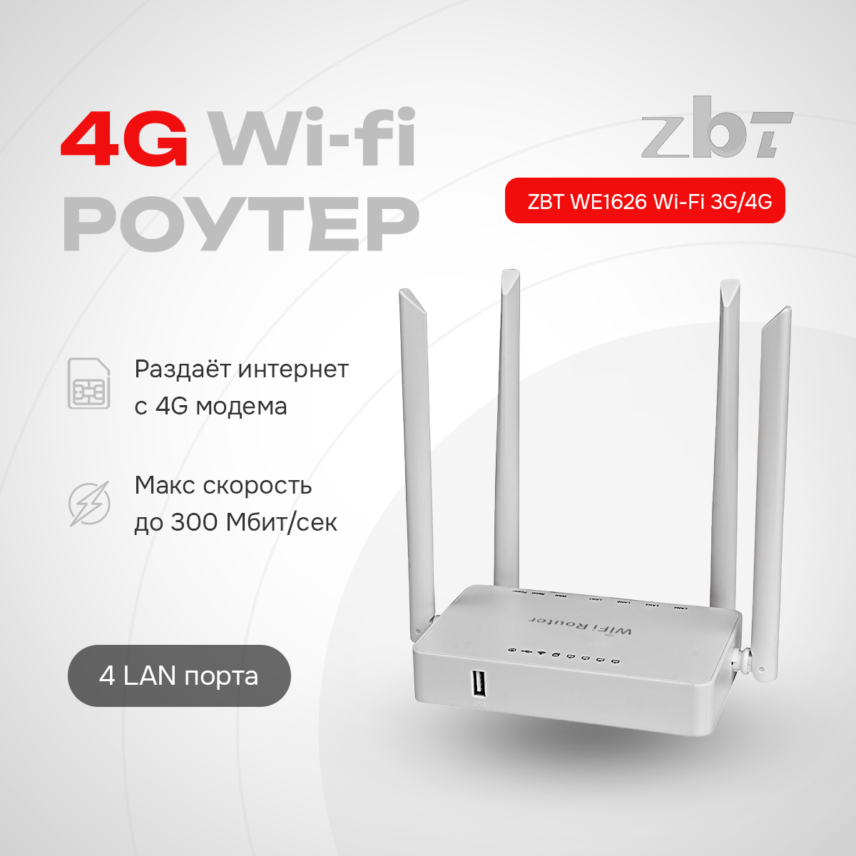 Роутер Wi-Fi с USB-портом для 4G USB-модема ZBT-Link ZBT-WE1626 (без модема в комплекте)
