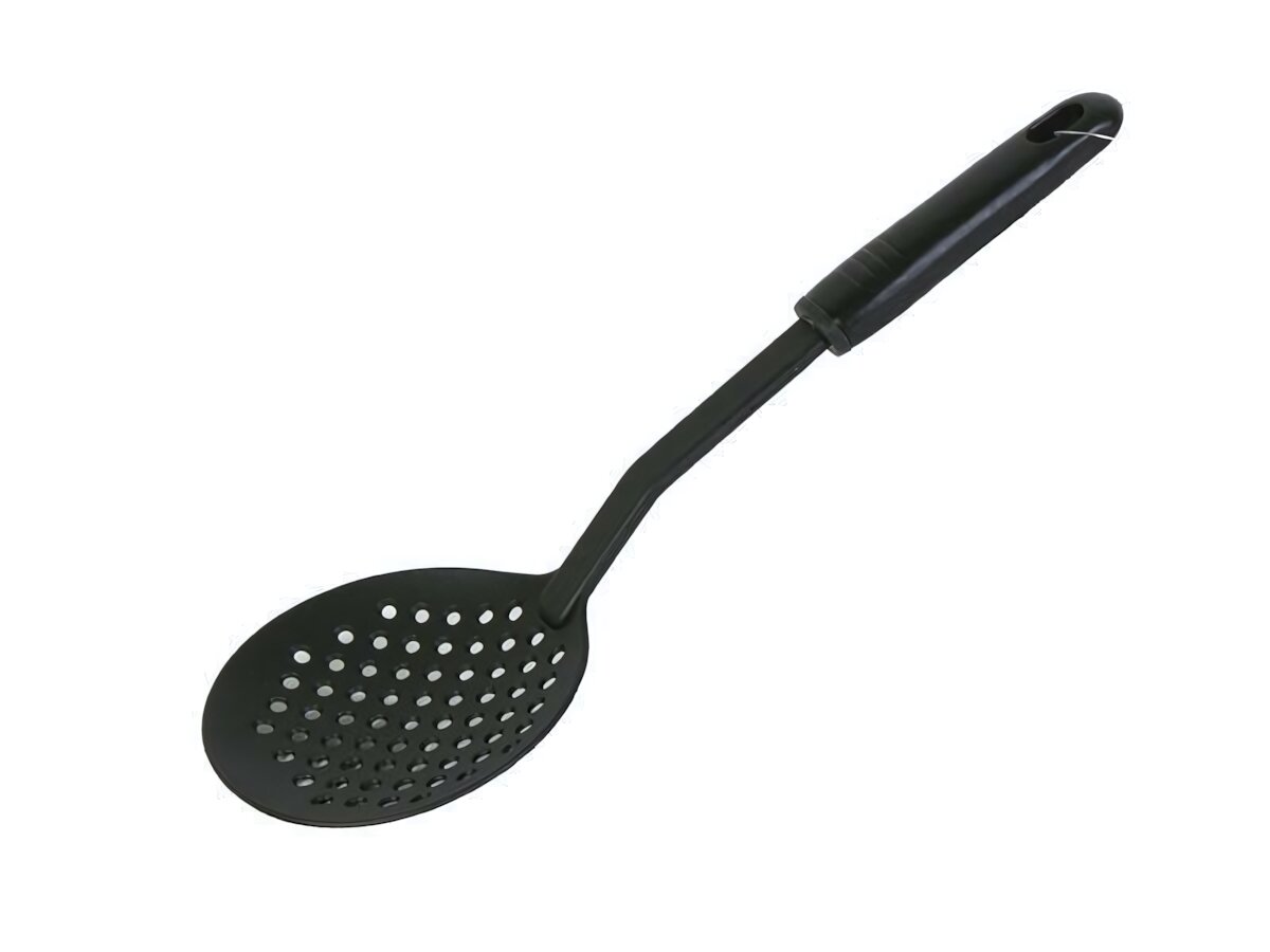 Шумовка круглая пластиковая 32см, черная, с отверстиями и прорезью для подвеса