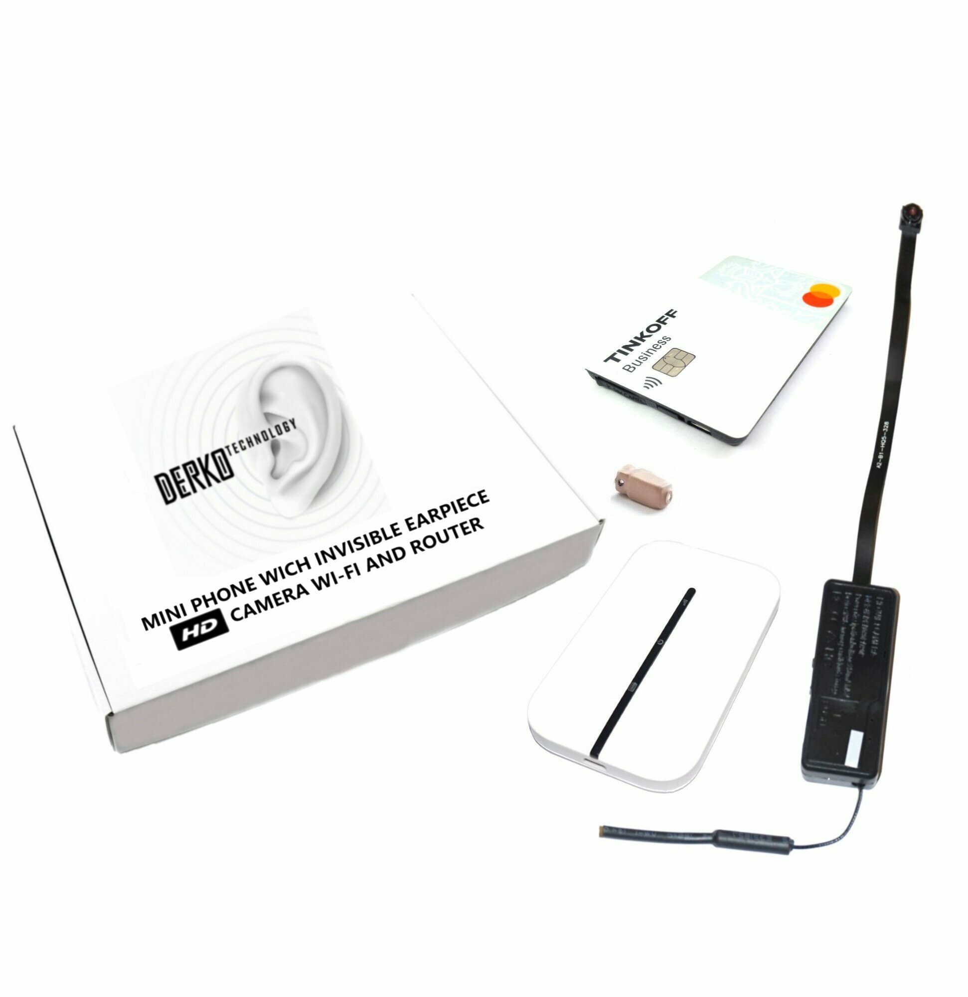Микрокамера и Wi-Fi роутер с гарнитурой Мини-телефон «Банковская карта» и микронаушником «Gold» 10 мм