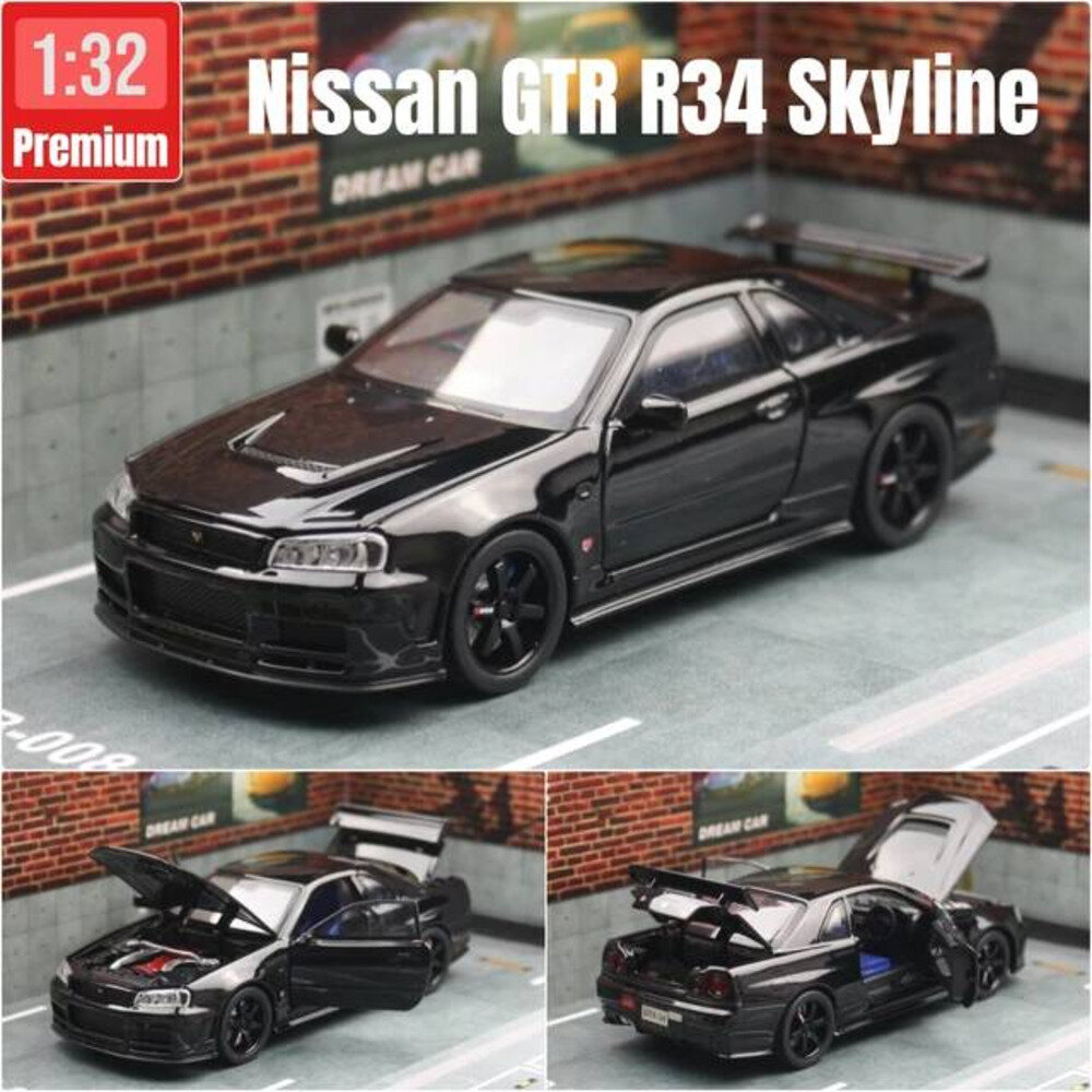 1/32 Nissan Skyline GTR R34 JDM игрушечная модель машинки, литая под давлением, миниатюрная, со звуком и светом, коллекционная, подарок для детей и мальчиков