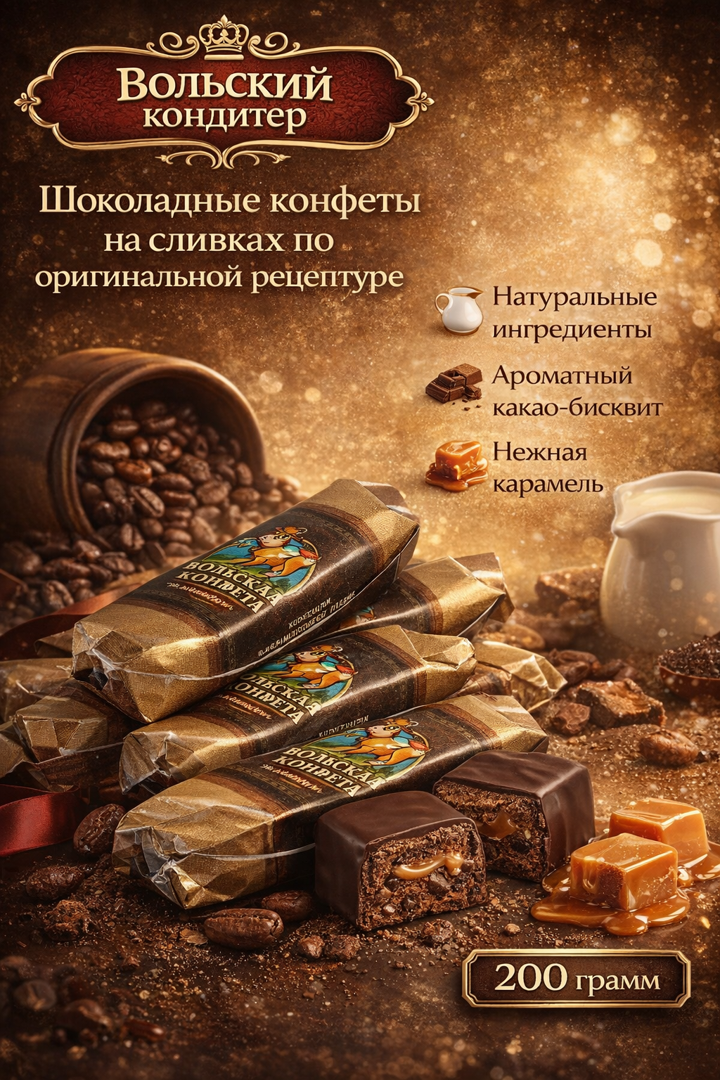 Вольская конфета, на сливках, с какао, в кондитерской глазури, 1 кг