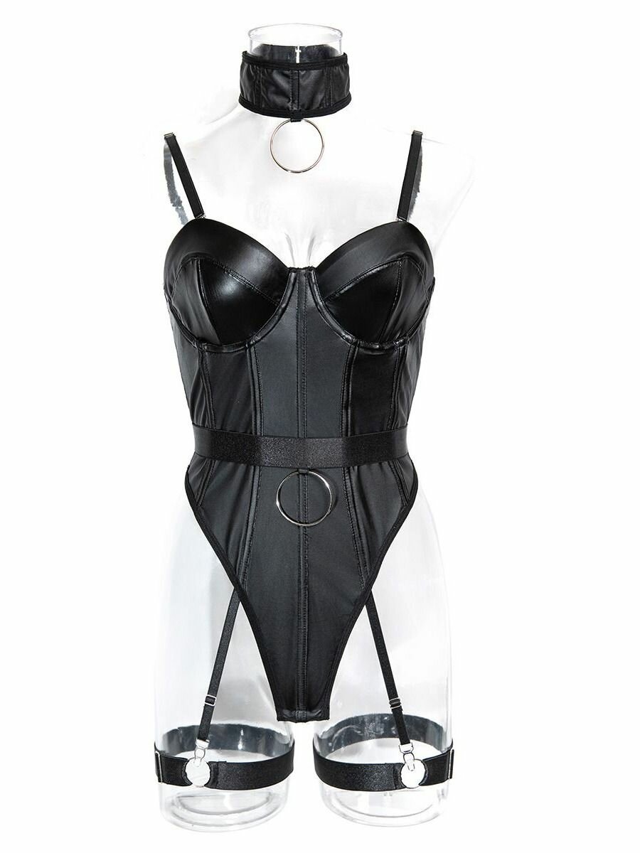 Эротическое боди с металлическим кольцом на шее, кожаное, утягивающее, с цепью на талию, фетиш комплект для ролевых игр