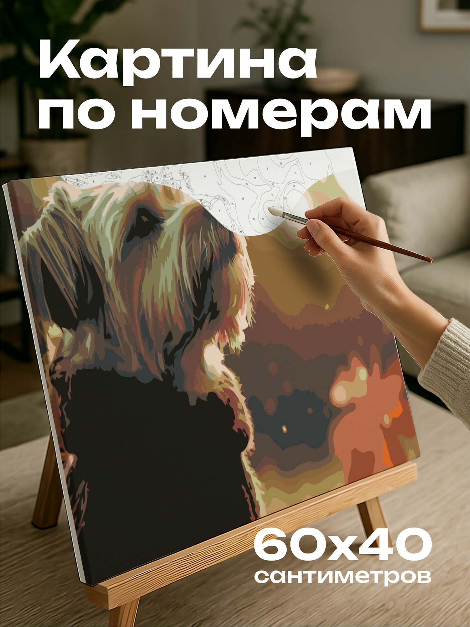 Картина по номерам 60x40 см, свитер для собак, вязаный, яркие цвета, текстуры, узоры, естественное освещение, детали