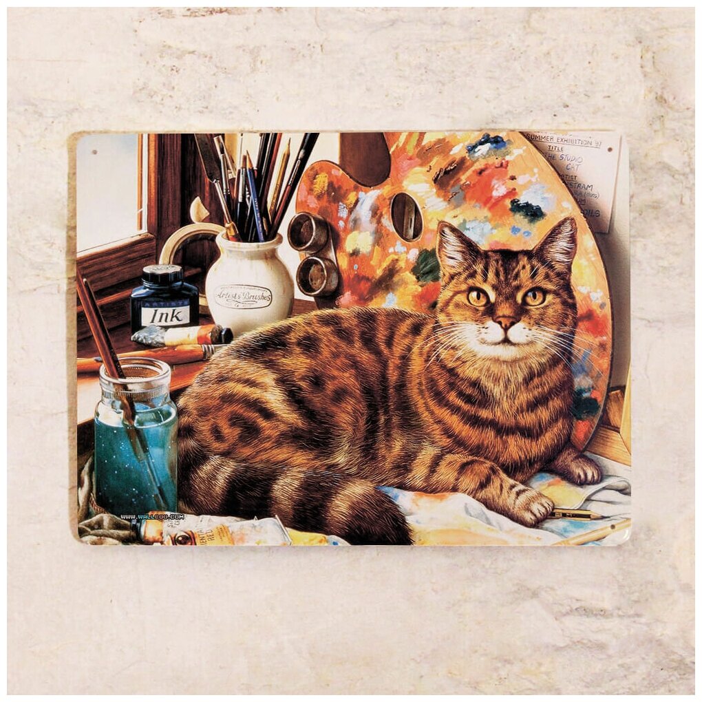 Металлическая табличка Кот художника, металл, 20х30 см