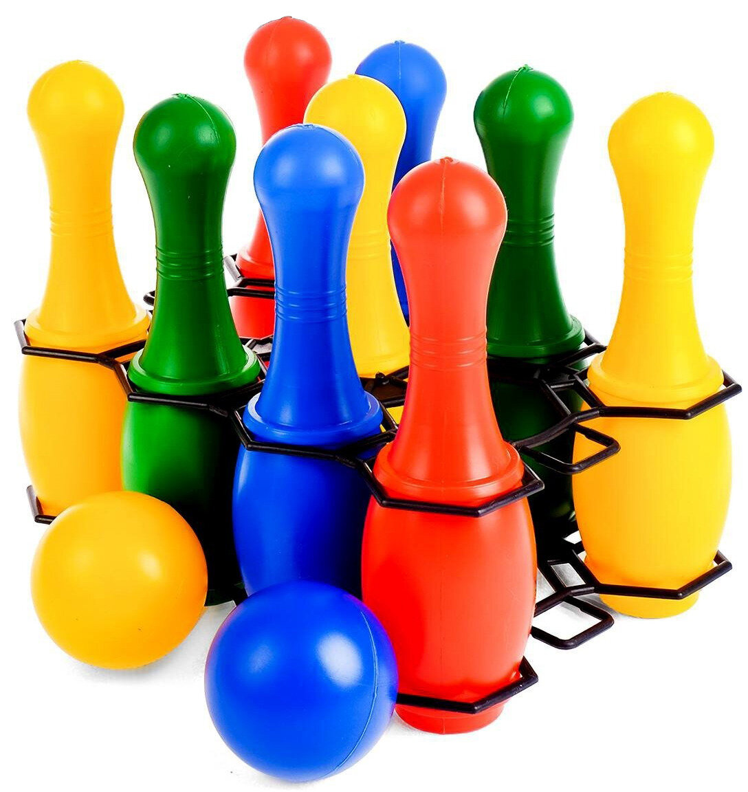 Цветной боулинг, детский игровой набор из 9 пластиковых кеглей и 2 шаров в сетке