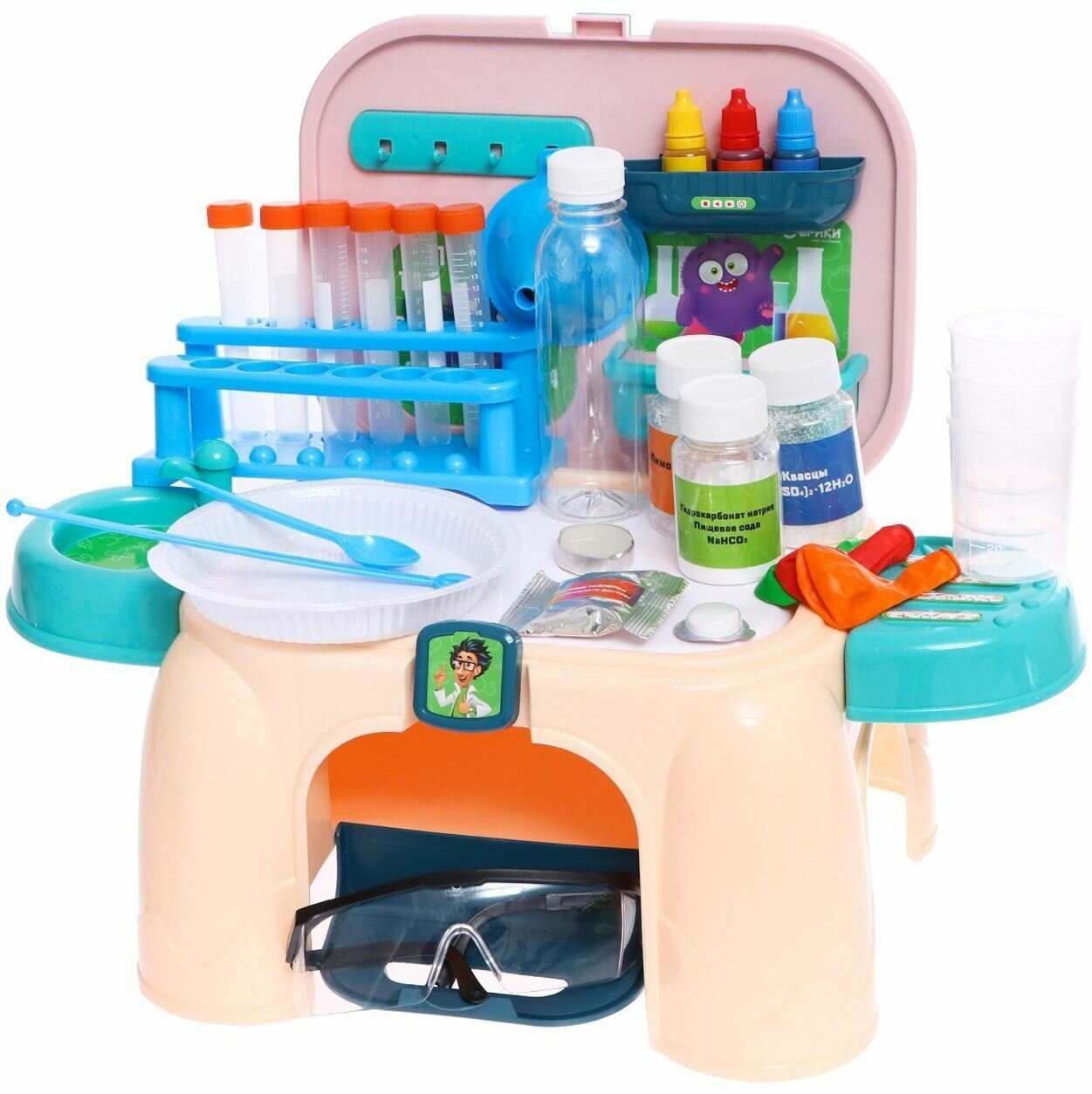 Детский набор для опытов и экспериментов "Моя первая лаборатория" с посудой и реагентами, стул 2 в 1, юный химик, играй изучай, 60 опытов