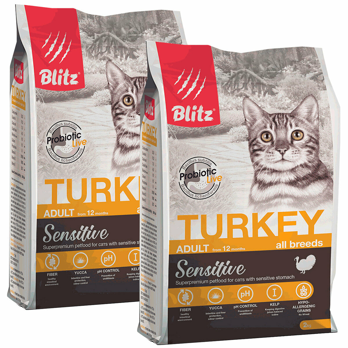 BLITZ SENSITIVE ADULT CAT TURKEY для взрослых кошек с индейкой (2 + 2 кг)