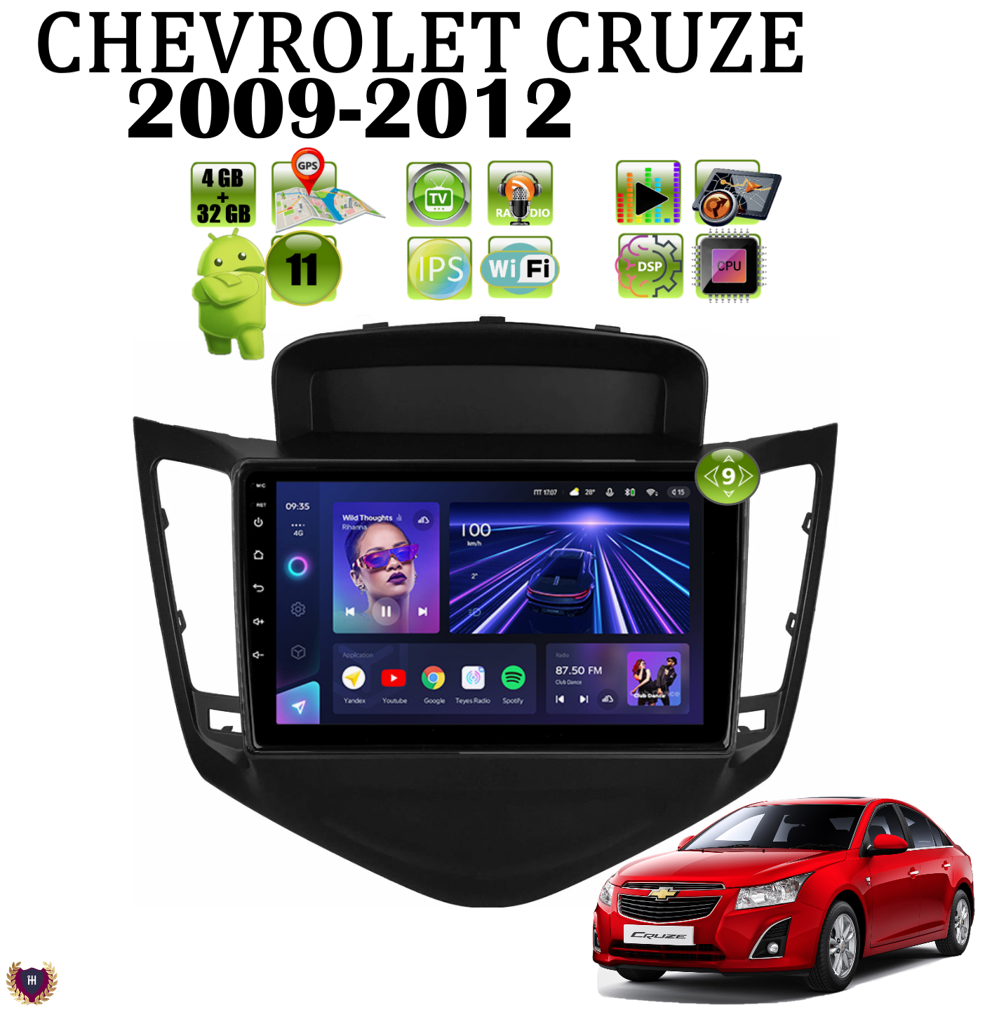Автомагнитола для Chevrolet Cruze (2009-2012), Android 11, 4/32 GB, GPS, Bluetooth, WiFi, IPS экран, FM, сенсорные кнопки, поддержка кнопок на руле