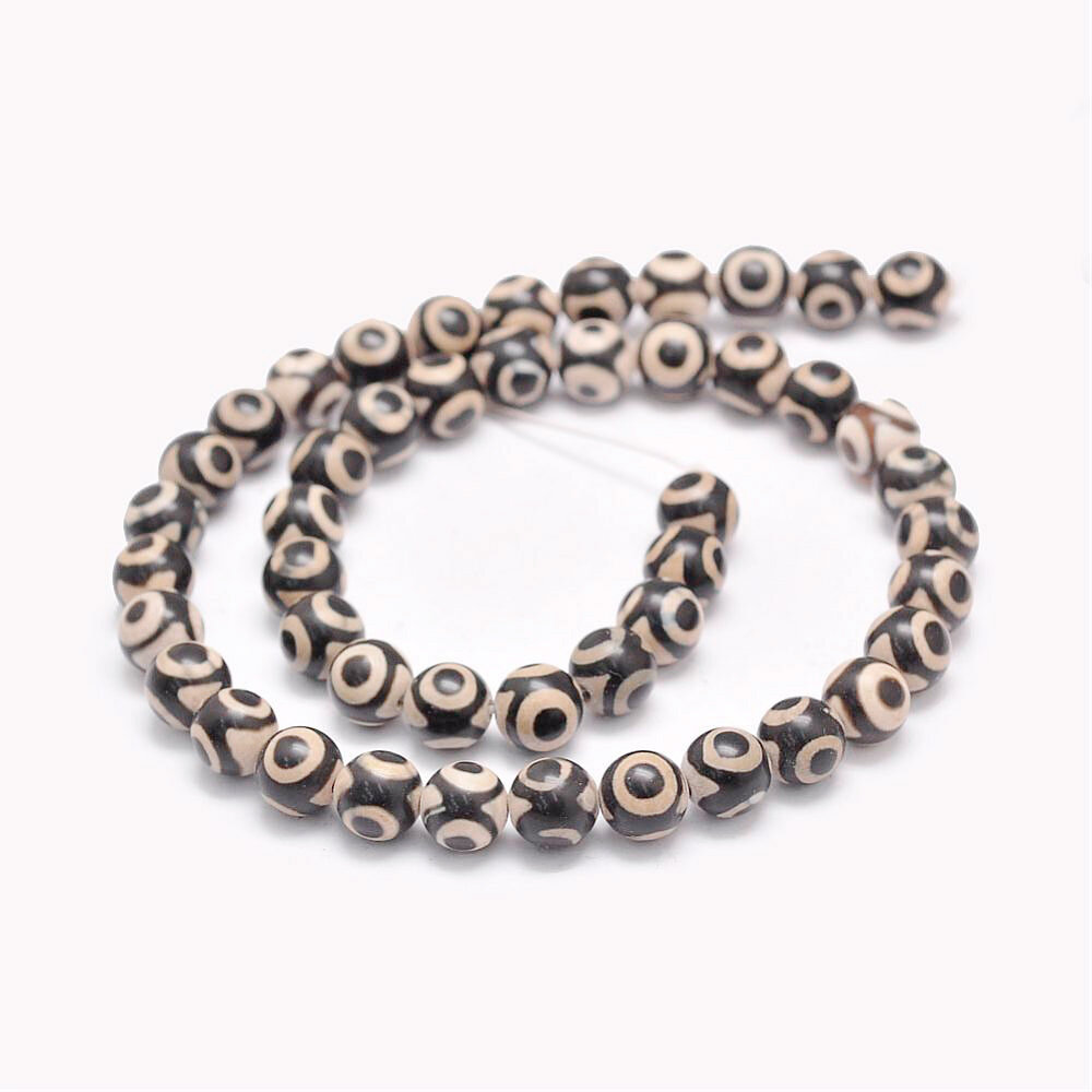 Бусины каменные, агат Дзи, 3 глаза, 8мм, коричнево-черные со светло-бежевым, 46 шт, низка