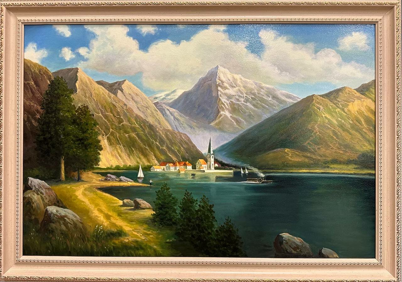 Картина маслом, горный пейзаж "Озеро в горах"