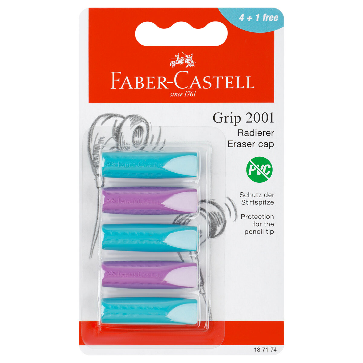 4 шт. Набор ластиков-колпачков Faber-Castell "Grip 2001" 5шт, трехгранные, бирюза-сирень, 90*15*15мм, блистер