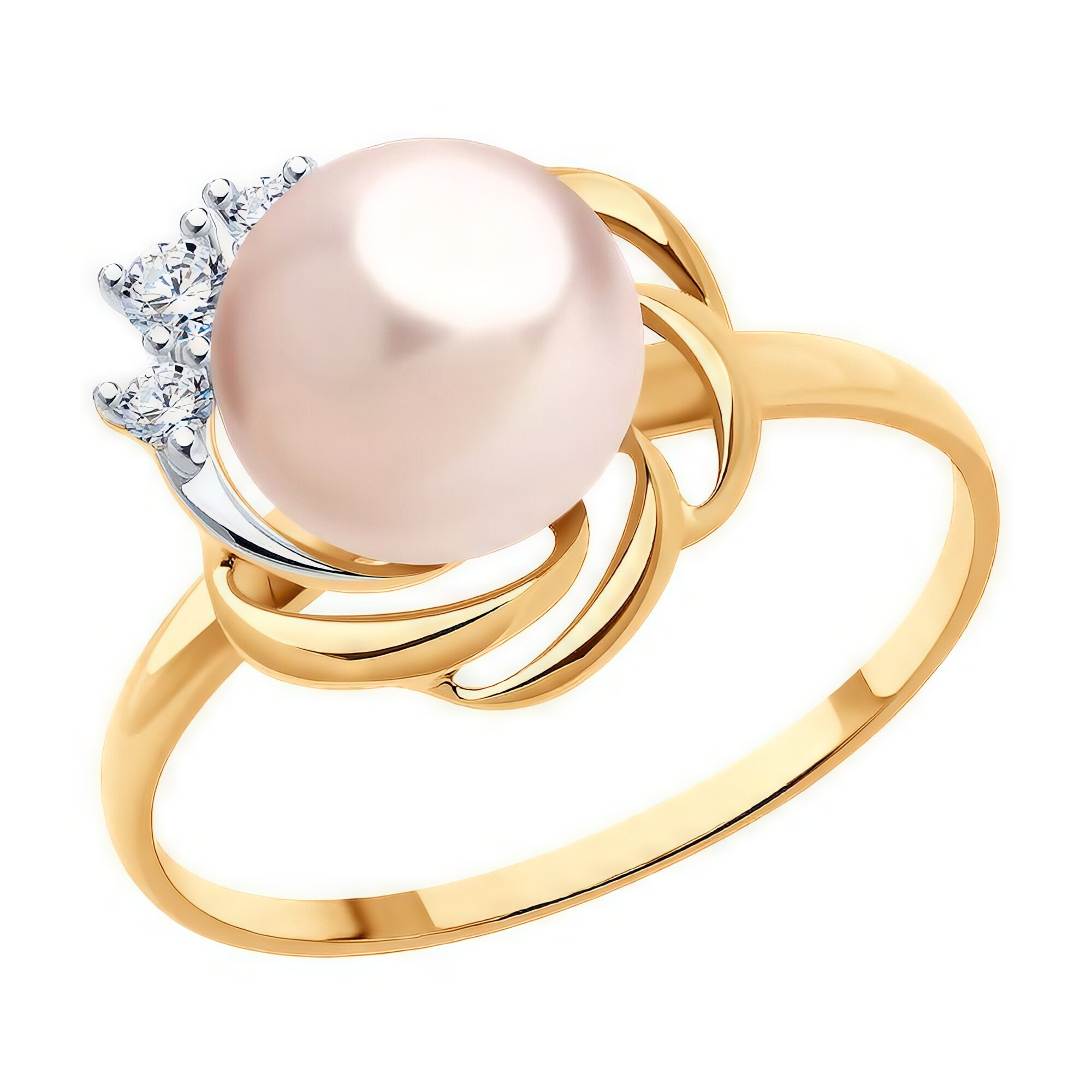 Кольцо, красное золото, 585 проба, жемчуг, фианит