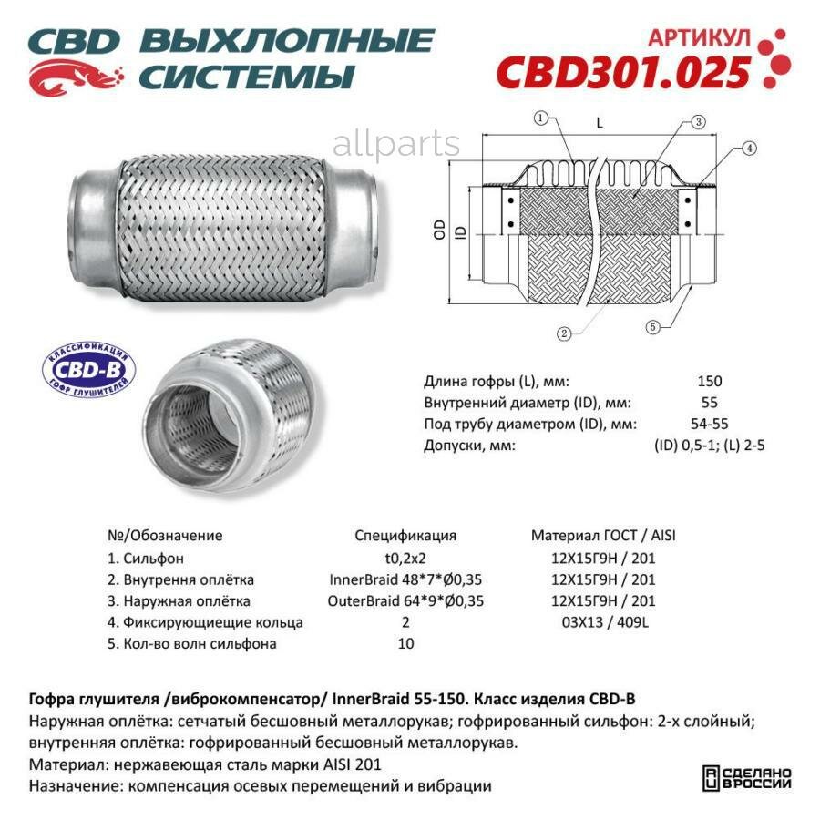 CBD CBD301.025 Гофра глушителя 3-сл Innerbraid 55-150 для UNIVERSAL /D=55mm L=150mm CBD CBD301.025