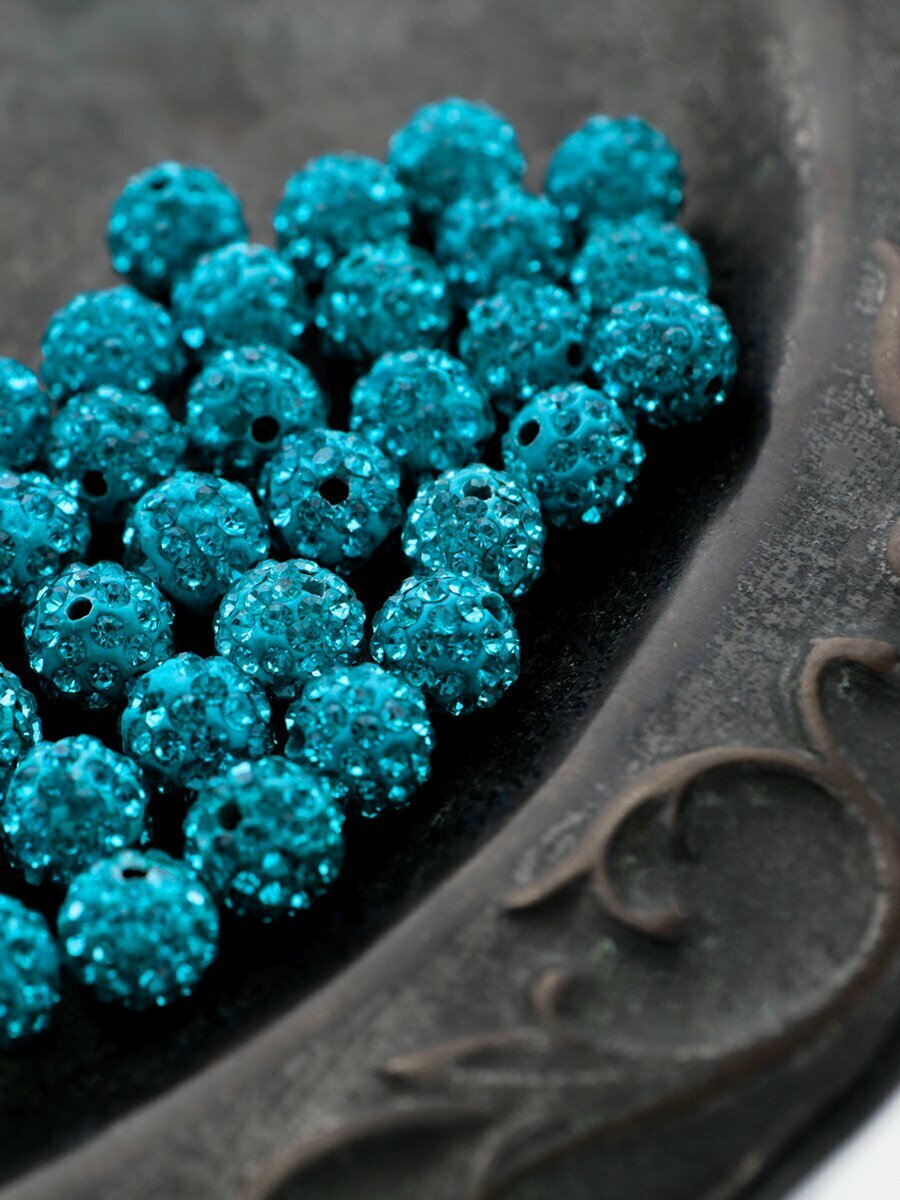 Бусина шамбала со стразами 6 шт, полимерная глина, бирюзовый, 10 мм