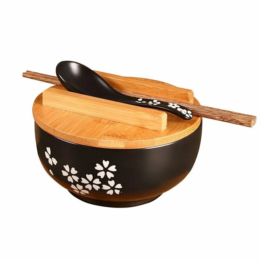 Черная керамическая миска для лапши с крышкой и ложкой, миска для корейского супа, миска для риса, 1000 мл, 1 шт