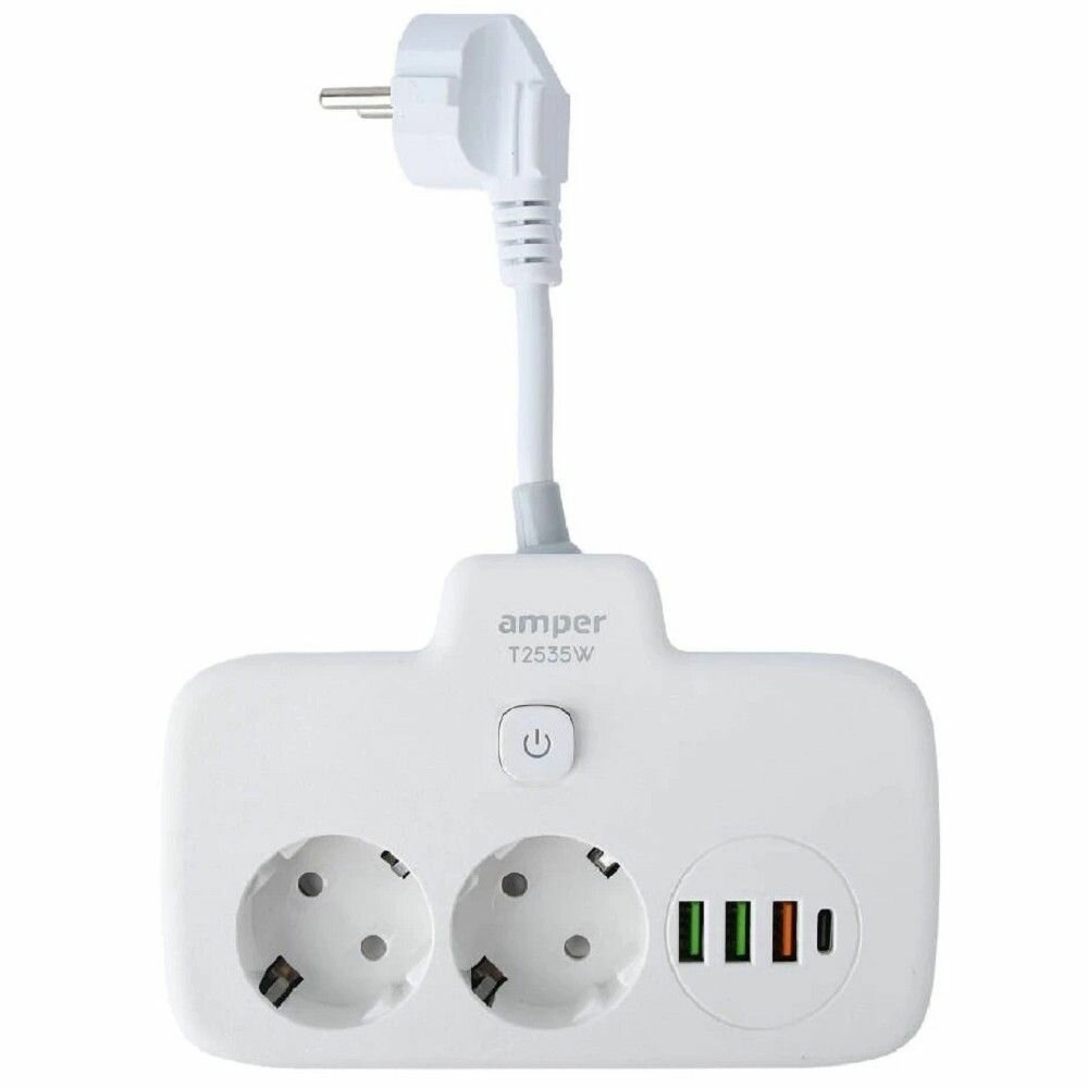 Удлинитель сетевой Amper 10А, 2500Вт, 4USB, 0.2м T2535W