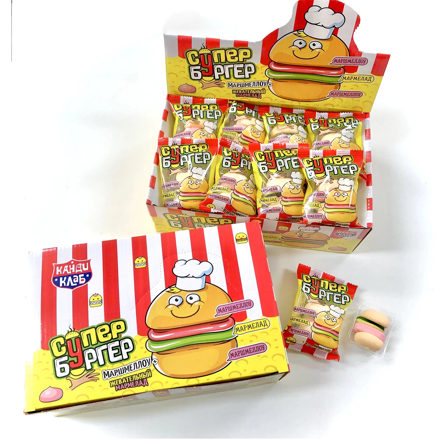Маршмеллоу с жевательным мармеладом "супер бургер", 15 г, канди клаб, 24шт.