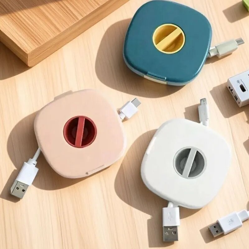 Переносной круглый USB-кабельный органайзер, вращающийся органайзер для проводов, компактный бокс для хранения и намотки кабеля зарядки телефона