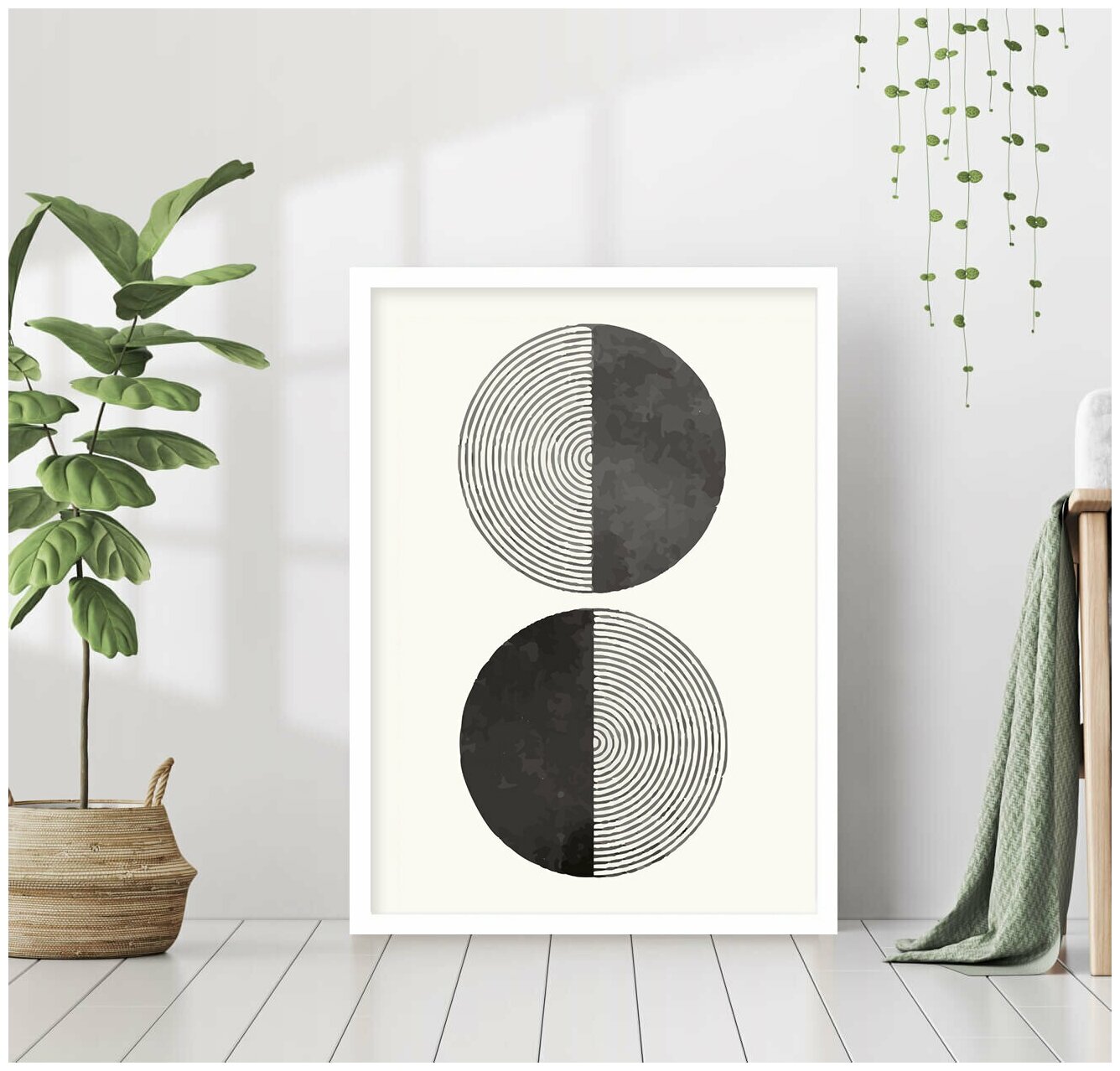 Постер "Абстракция черно белая, линейный рисунок, минимализм, линии, два круга" 40х50 в белой рамке для интерьера на стену