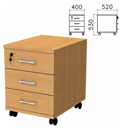 Тумба подкатная "Монолит", 400х520х530 мм, 3 ящика, замок, цвет бук бавария, ТМ25.1
