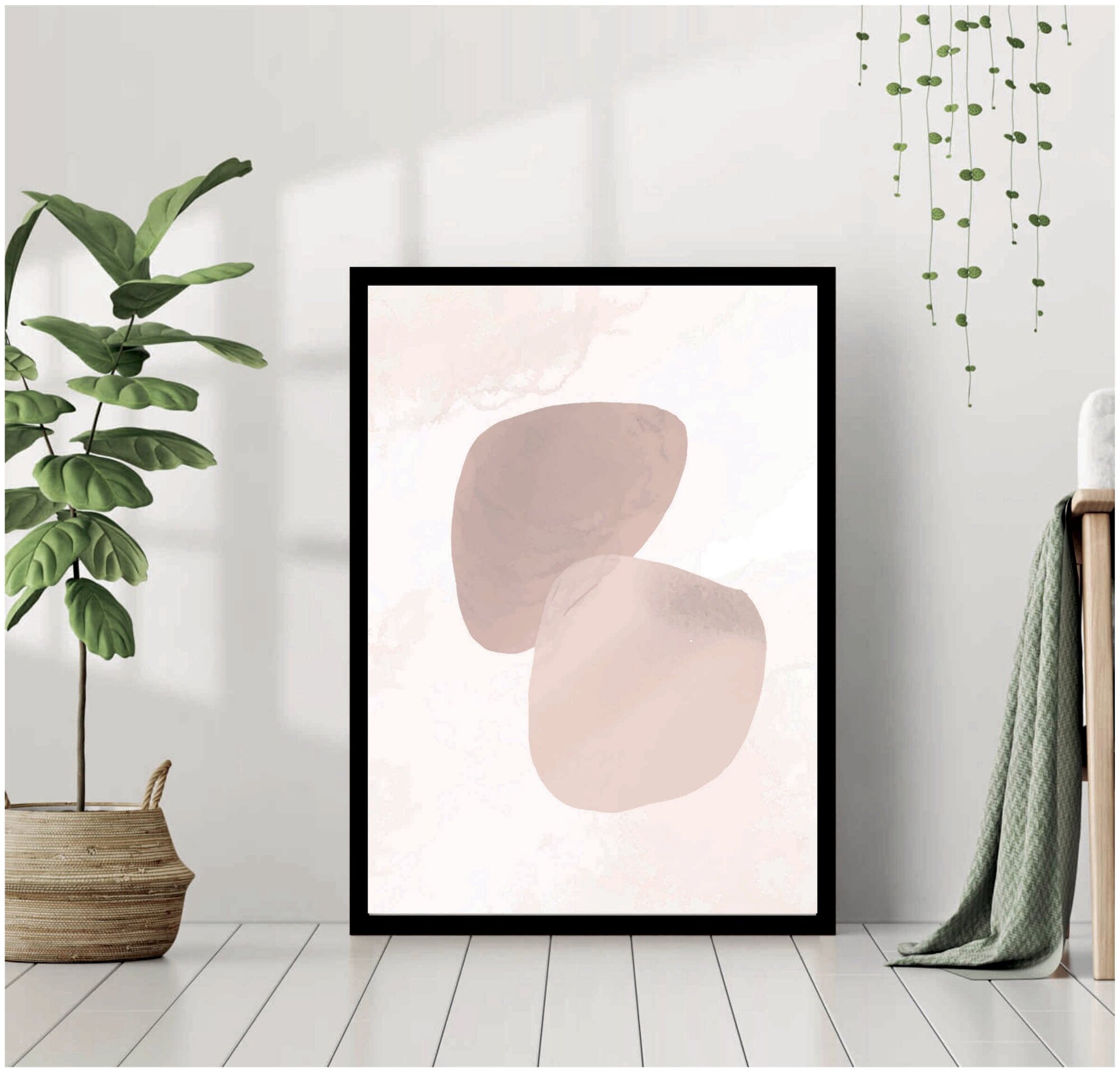 Постер "Два коричневых пятна, абстракция" 40х50 в черной рамке для интерьера на стену