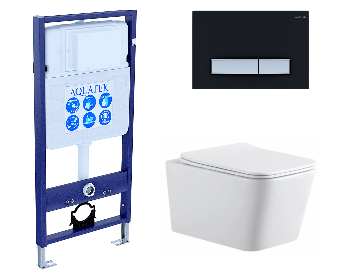Комплект 3 в 1 инсталляция Акватек Standart 50 + Подвесной унитаз SinteSi BALTI с кнопкой черной хром INS-0000012 + SIN-TS-BLT-171 + KDI-0000031