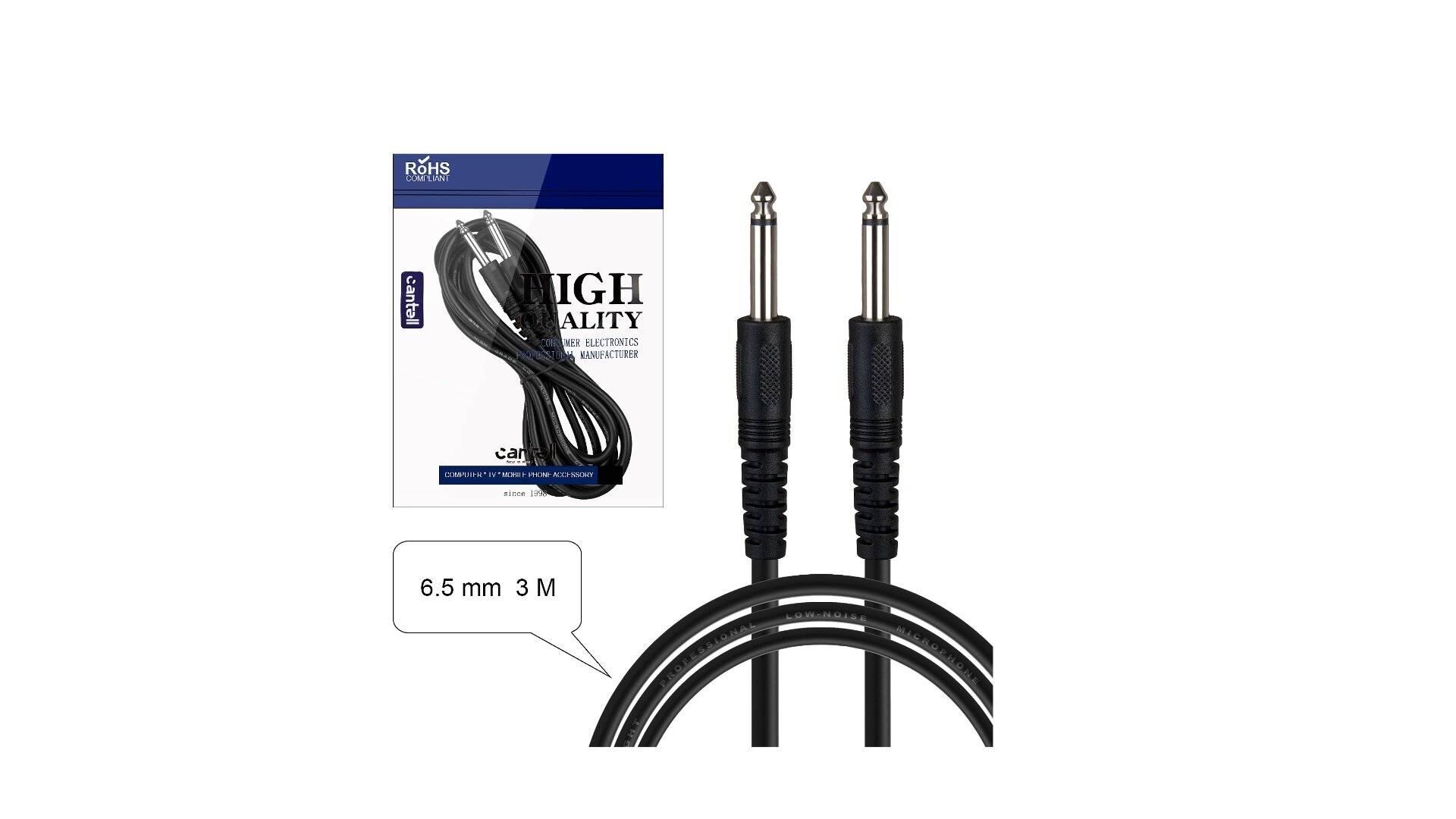 Кабель для микрофона инструментальный Cantell, Jack 6.3mm (M) to Jack 6.3mm (M), 3 метра, Черный