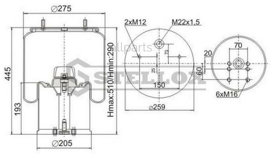 STELLOX 9009411SX пневмопод. со стак. !941MB h523 2шп. M12смещ.25. 1отв. штуц. M22. Поршень металл\BPW