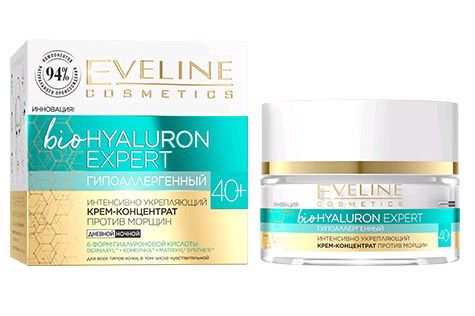 Eveline Bio Hyaluron Expert Гипоаллергенный интенсивно укрепляющий крем-концентрат против морщин 40+ (дневной/ночной) 50 мл.