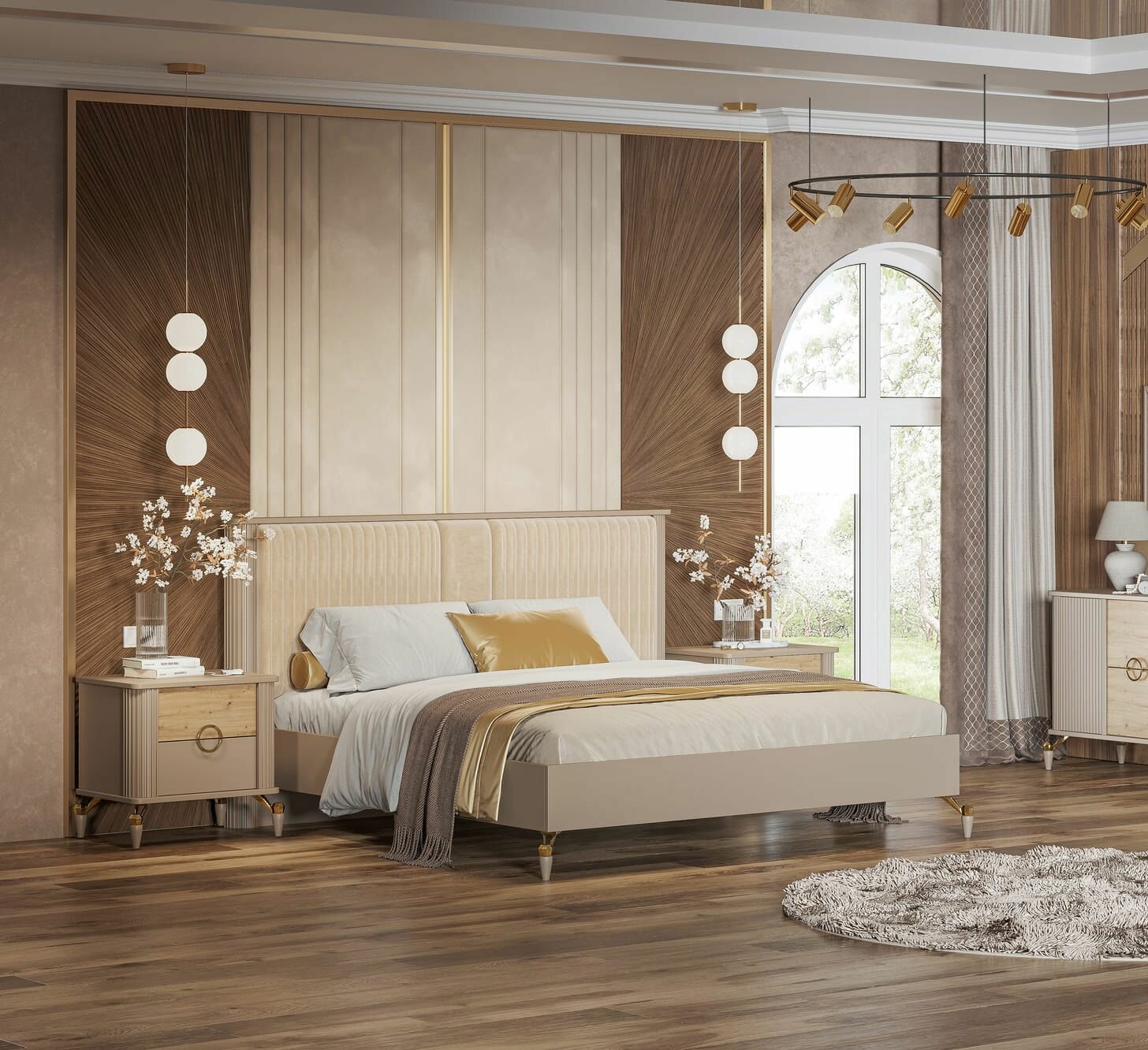 Спальный гарнитур Арида Мадрид цвет: беж (кровать 180х200, шкаф 5дв, тумбочки 2шт, комод с зеркалом)