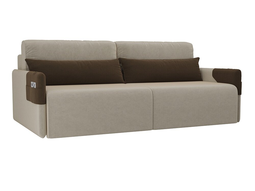 Прямой диван Армада Бежево-Коричневый Микровельвет, еврокнижка, 215х115х88 см, с ящиком для белья