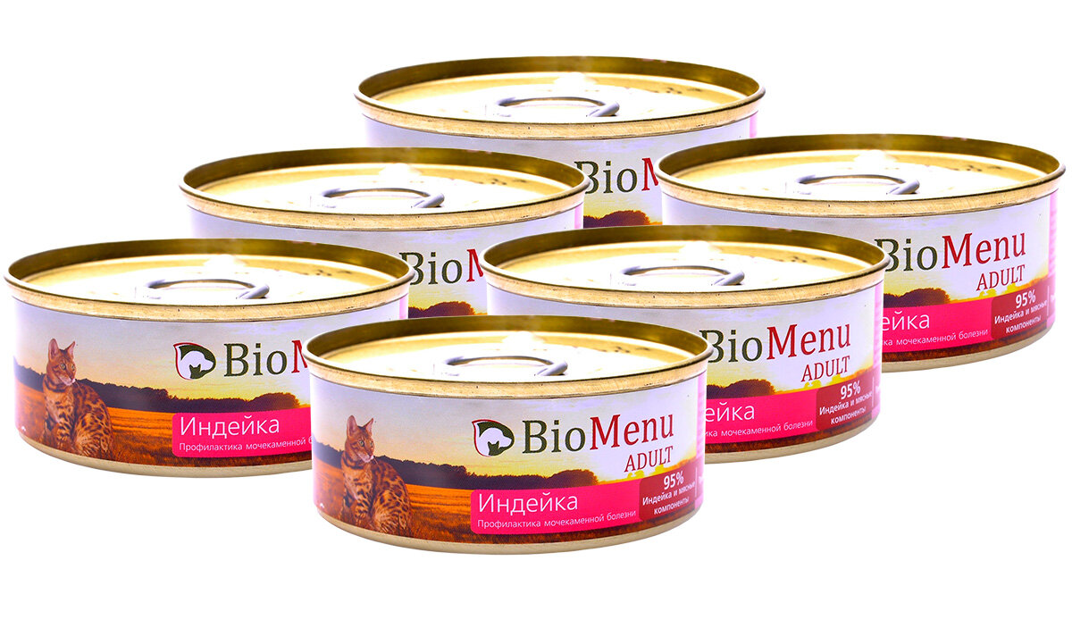 Корм влажный Biomenu Adult для взрослых кошек, мясной паштет с индейкой, 100 г х 6 шт