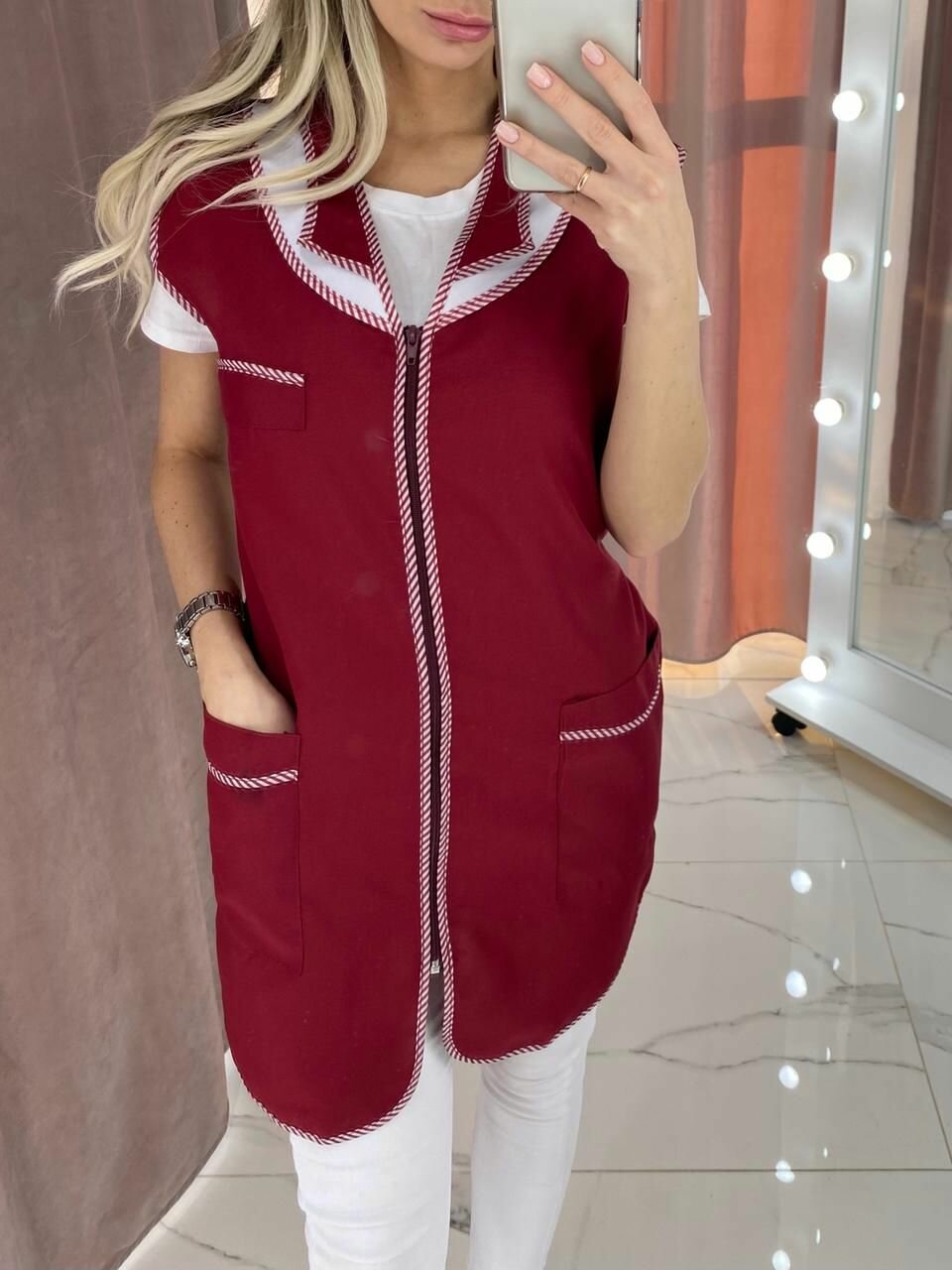 Халат рабочий SPECMED-ODEGDA без рукавов, полиэстер, на молнии, женский, бордовый