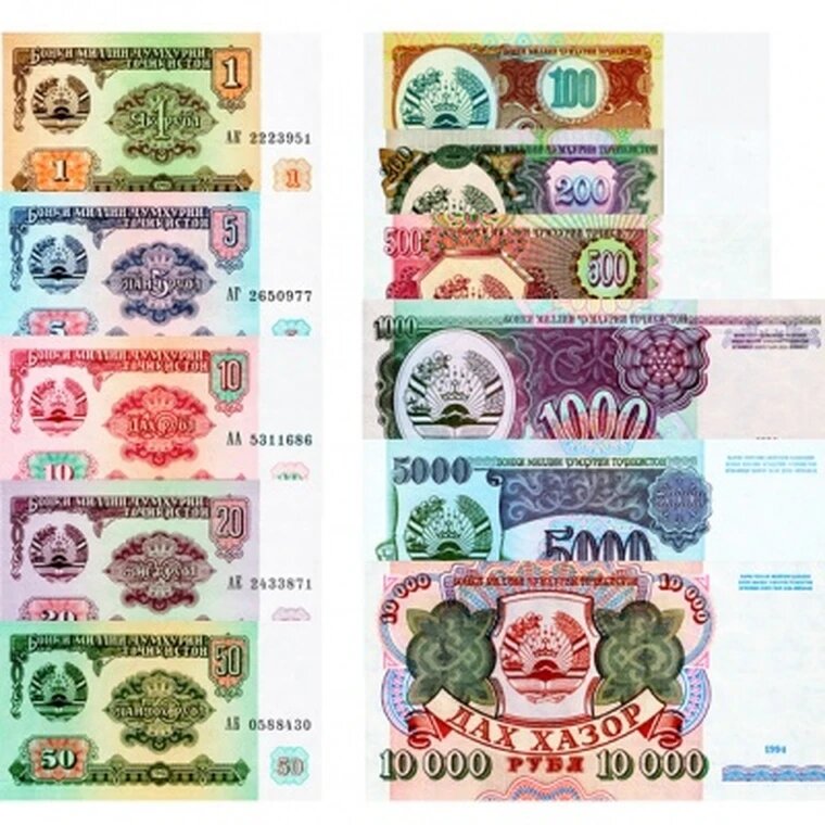 11 банкнот Таджикистана 1994 года 1-10000 рублей, сувенирные копии, банкноты и купюры редкие коллекционные