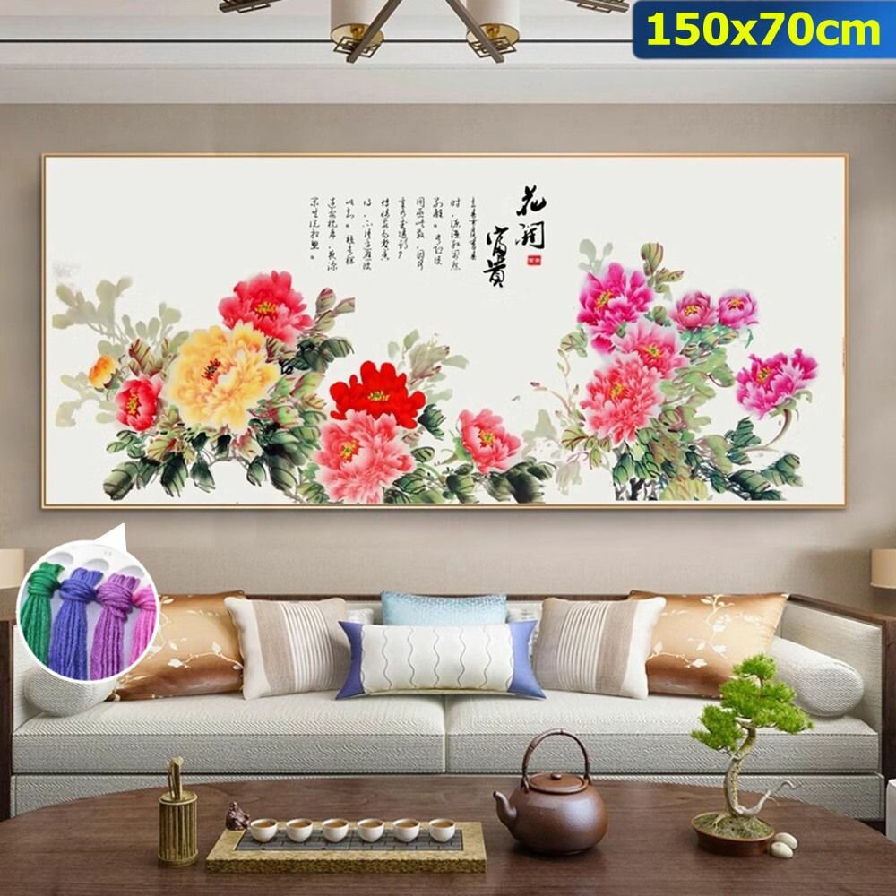 Набор для вышивания крестом с пионами TIMRITO готовый комплект с холстом, нитями и инструкцией для начинающих и опытных рукодельниц