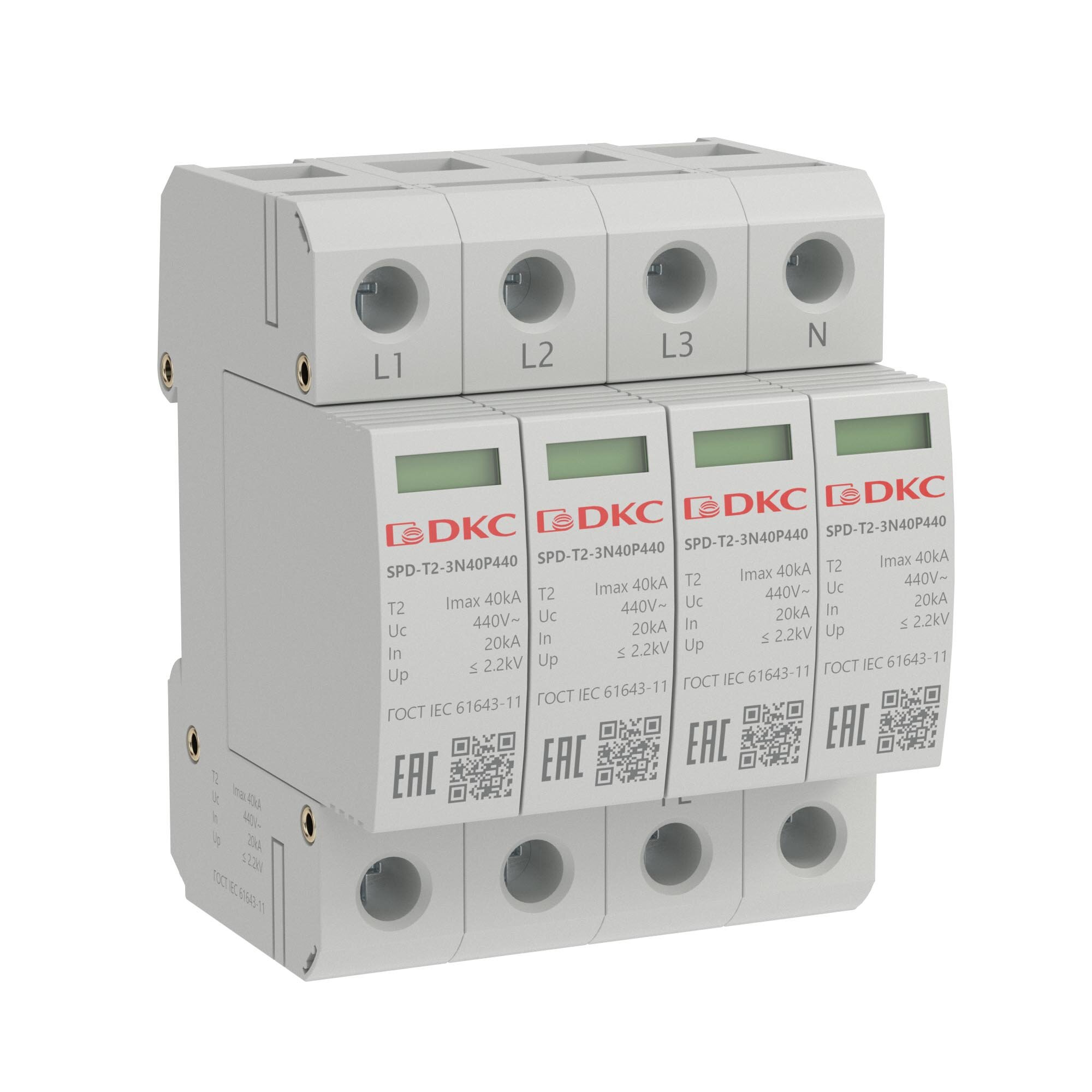 УЗИП, тип 2, 4 полюса, Imax 40kA, со сменным модулем, Un 440V, DKC, SPD-T2-3N40P440