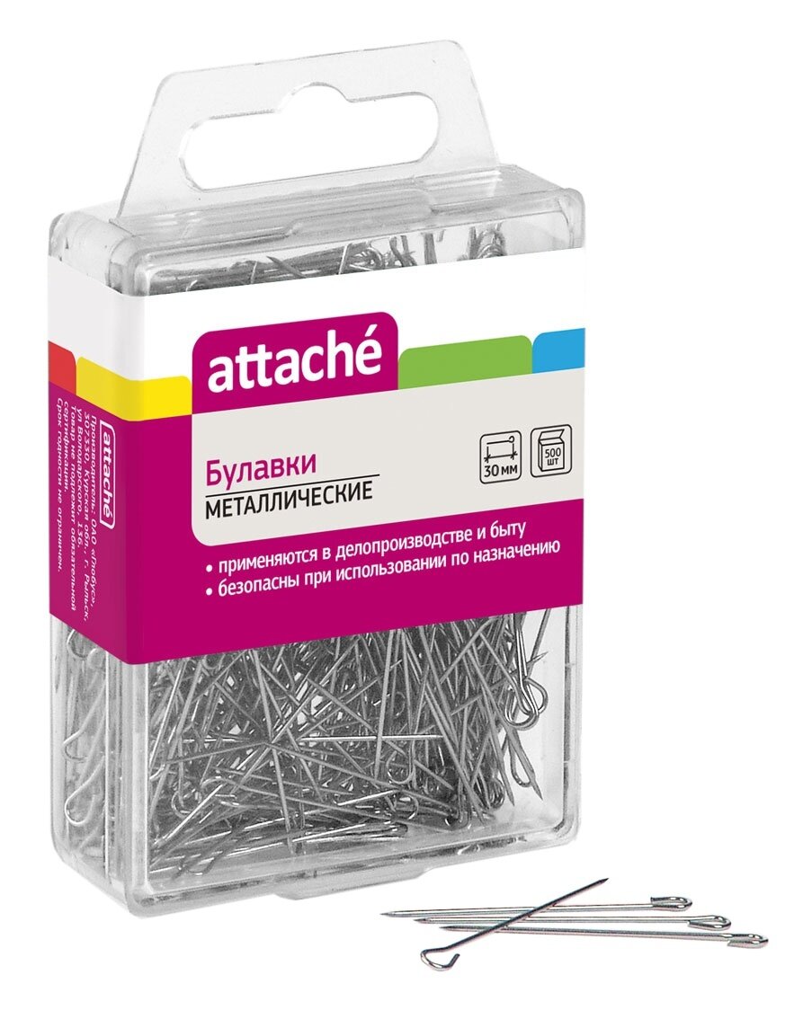Булавки металлические Attache 30 мм, Б35, 500 штук
