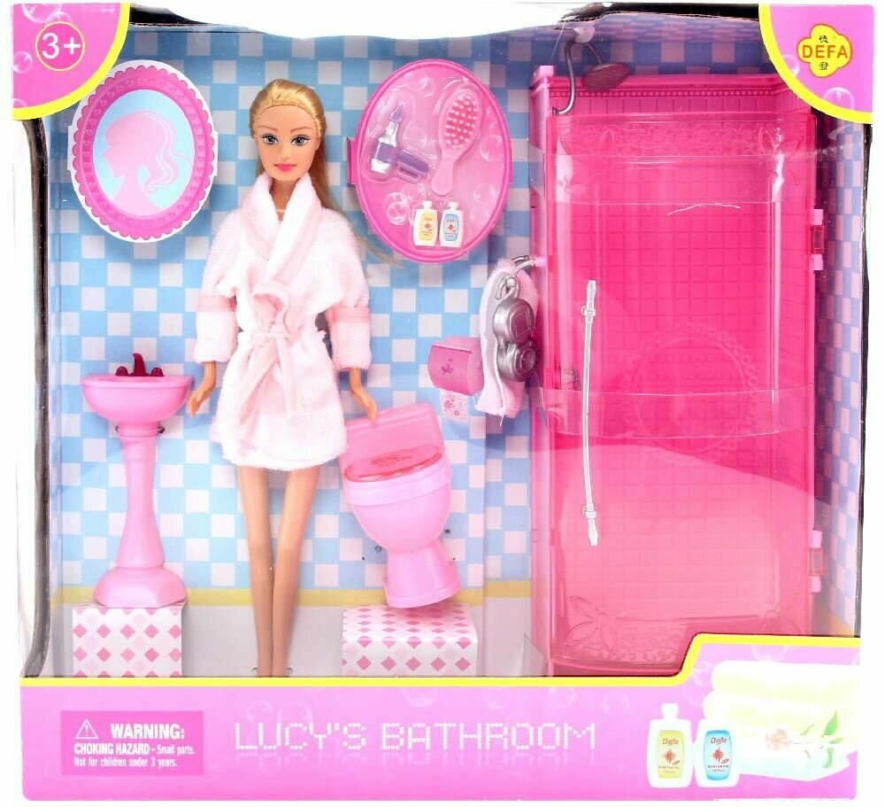 Кукла с мебелью DEFA Lucy "Bathroom", 29 см, в махровом халатике, с аксессуарами, в коробке
