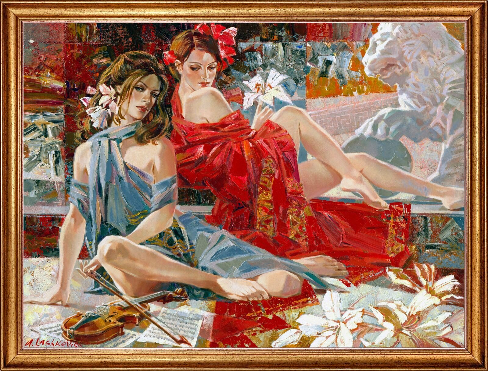 Картина на холсте "Уроки музыки" 80х60 см, художник - Лашкевич А. Холст на деревянном подрамнике, оформлена в багет, Арт. ЛА-х7