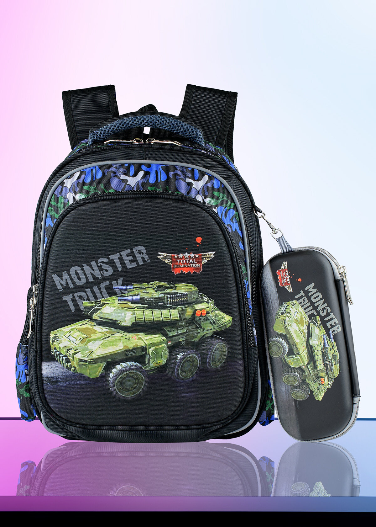 Рюкзак школьный с пеналом. Черный с танком