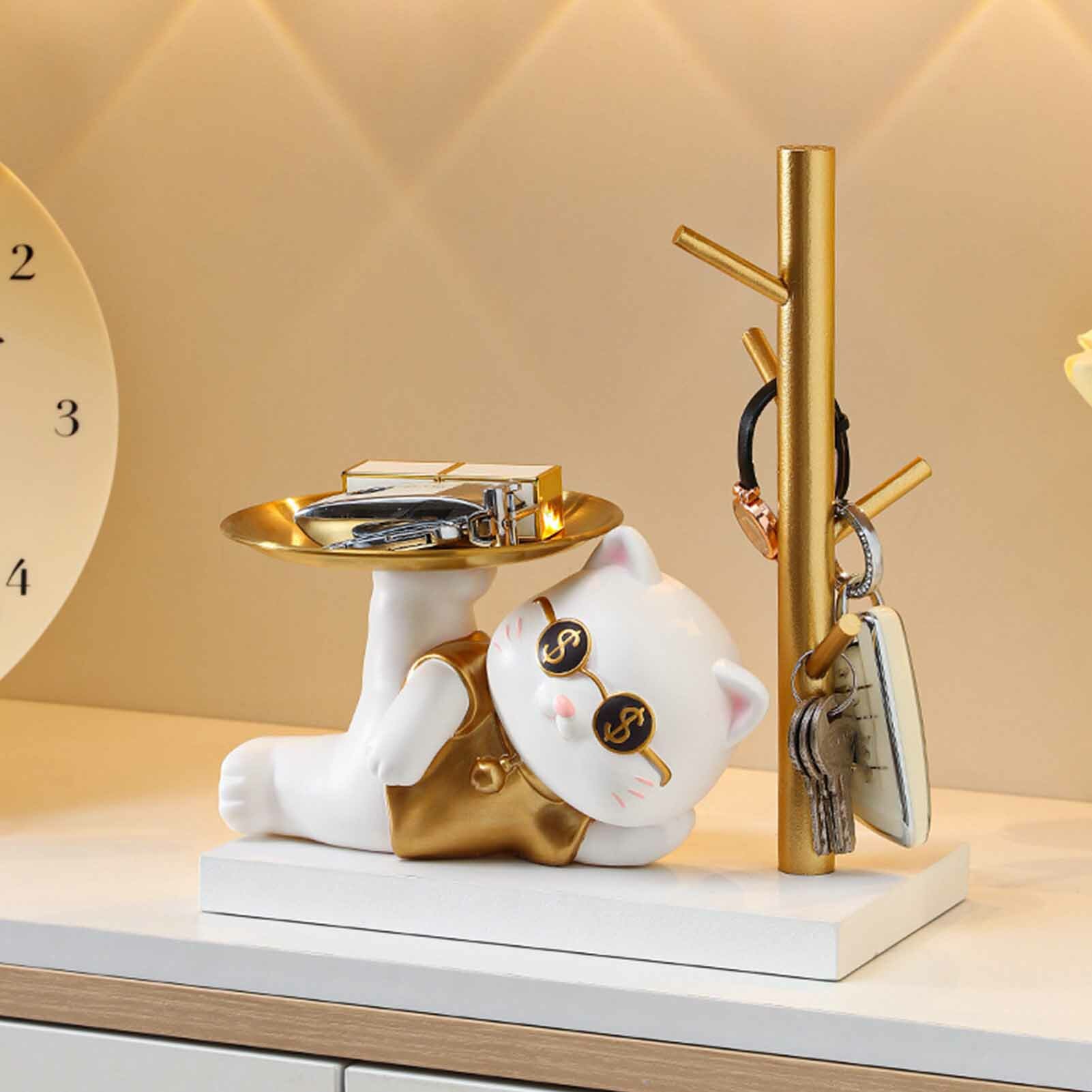 Ключевое хранение в Entryway Cartoon Carty Mite Entryway Key Holdament Ornament с подносом для домашней спальни, лежащая кошка 23,5x13.5x27cm